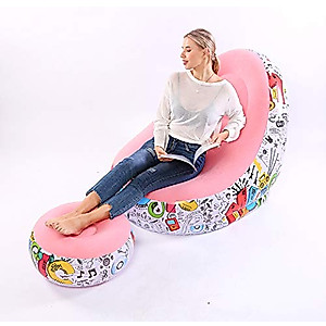 RITONS Inflatable Lounge Chair with Ottoman Blow Up Chaise Lounge Air Lazy Sofa Set Flocked Couch Portable Inflatable Seats for Lounge Inflatable Deck Chair for Indoor & Outdoor (Macaron Pink)