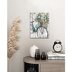 LAIART Farmhouse bathroom wall decor canvas art blue Retro bike picture print flower artwork for bedroom dining living room(11''x15)