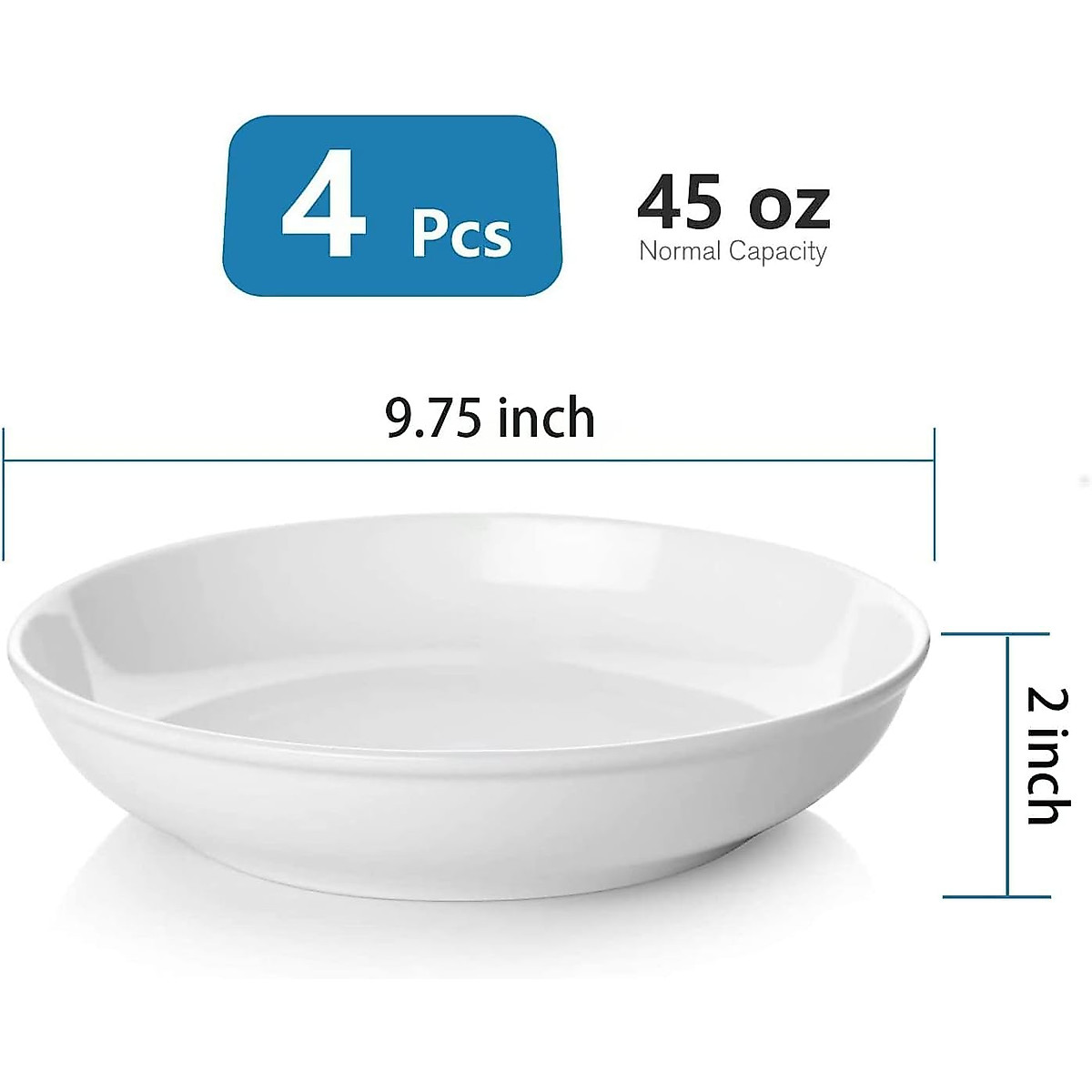 Samsle 45 Oz Large Pasta Bowls,Serving Bowls and Plates Set, Soup Bowl,Ceramic Salad Bowls - 9.75 Inch owl Set of 4, Wide and Shallow Bowls Set, Microwave and Dishwasher Safe, White