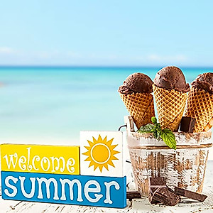 3 Pieces Wooden Welcome Summer Blocks, Farmhouse Wood Welcome Summer Tiered Tray Decor, Rustic Sun Wooden Sign Table Decor for Summer Desk Shelf Window Tiered Tray