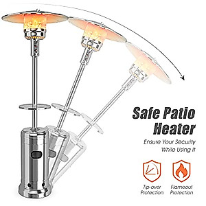 COSTWAY Patio Heater, 48000 BTU Propane Heater with Drink Shelf Tabletop, Simple Ignition System, Base Reservoir and Wheels, Standing Outdoor Space Heater for Patio, Garden and Backyard (Silver)
