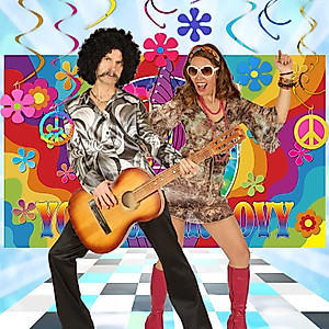 32 Pcs Tie Dye Groovy 60's Party Decorations Hippie Party Supplies Tablecloth Backdrop Include Foil Swirl Decorations Tie Dye Tablecloth and Peace Sign Hippie Backdrop Retro Party Birthday Decorations