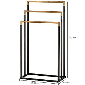 MyGift 33 Inch Black Chrome Plated Metal Freestanding Bathroom Towel Rack Stand with 3 Tier Bamboo Wood Bar, Laundry Room Drying Rack Stand