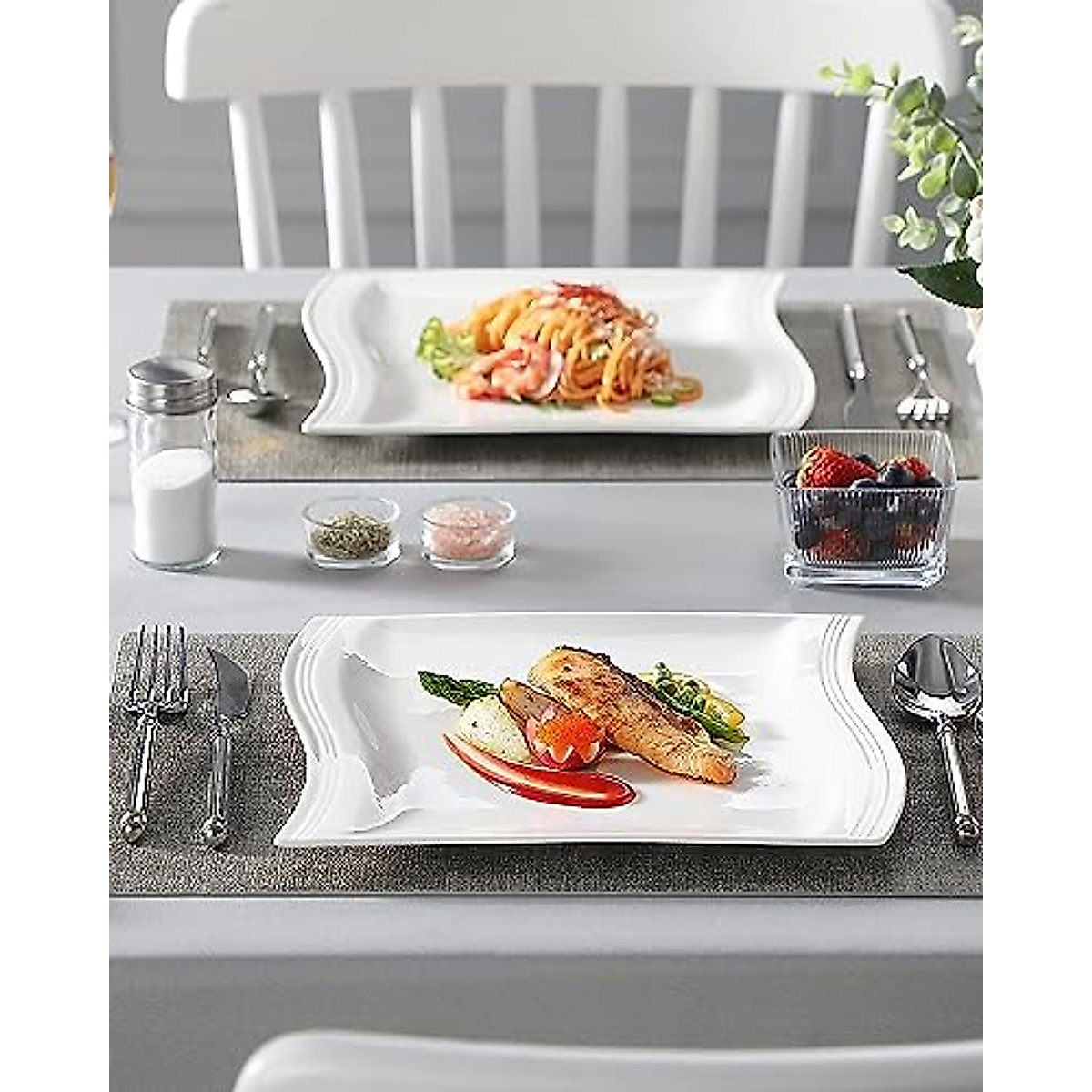 MALACASA Square Dinner Plates, 8.2 Inch Ceramic Plates Set of 6, Ivory White Dinner Plate Kitchen Dish Set, Microwave & Dishwasher Safe, Scratch Resistant, Series Flora