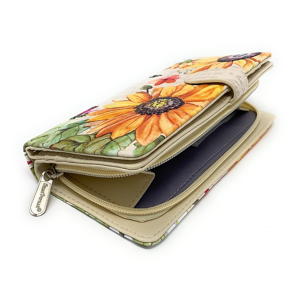 Shag Wear Sunflower Large Floral Wallet for Women and Teen Girls Vegan Faux Leather 7" Beige