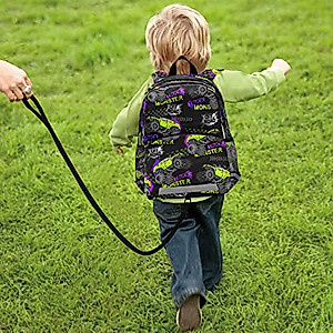 Glaphy Monster Truck Car Green Kids Backpack for Boys Girls, Kindergarten Elementary Toddler Backpack with Reflective Stripes, Preschool Bookbag with Chest Strap