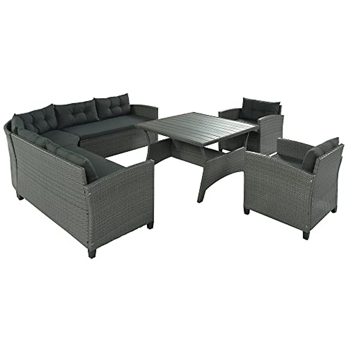 DHPM 6 Pieces Patio PE Wicker Furniture Set Outdoor Brown Rattan Sectional Conversation Sofa Chair with Storage Table and Beige Cushions, for Garden, Yard, Deck, Black