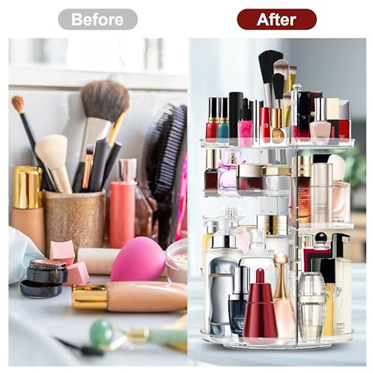 Makeup Organizer 360 Rotating Cosmetic Organizer DIY Adjustable Makeup Carousel Spinning Holder Rack, Large Capacity Cosmetic Storage Box Makeup Brushes Organizer for Vanity Countertop (Clear)