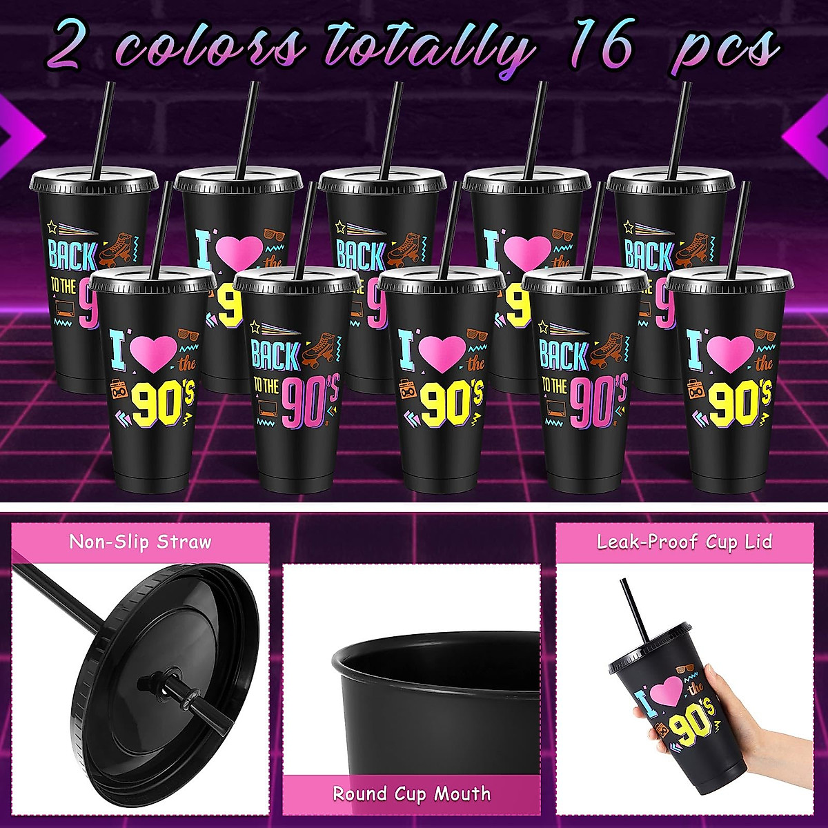Uiifan 16 Pcs Back to the 90's Party Cute Reusable Cups with Lids and Straws 24 oz Cold Drinking 90's Retro Plastic Tumblers Bulk Funny Back to the 90's Party Decorations Supplies