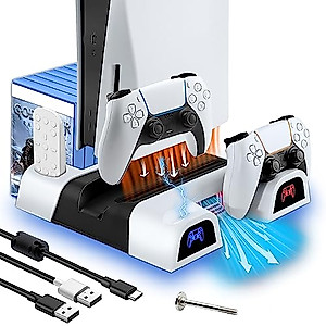 PS5 Stand and Cooling Station,Dual PS5 Controller Charger for PS5 Console,Remote Control 10 Game Solts 3-Level Cooling Fan Compatible with Platstation 5 Disc & Digital Editions