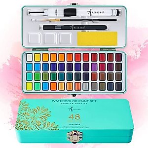 ARTISTRO Watercolor Paint Set, 48 Vivid Colors in Portable Box, Including Metallic and Fluorescent Colors. Perfect Travel Watercolor Set for Artists, Amateur Hobbyists and Painting Lovers