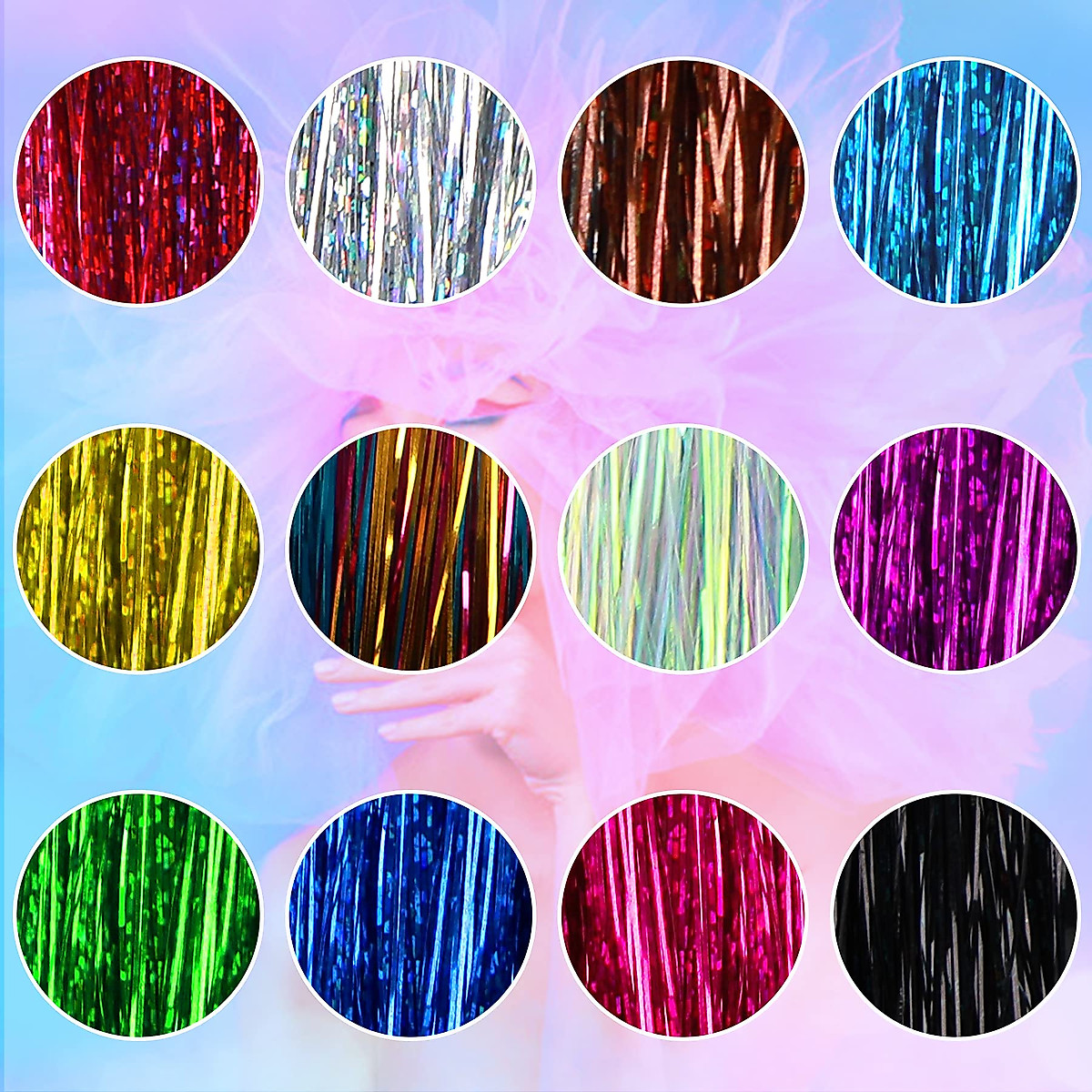 FEBSNOW 47 Inches Tinsel Hair Extension with Tool 12 Colors 2400 Strands Hair Extension Tinsel Kit Glitter Hair Extensions for Women Girls Hair Accessories for Christmas New Year Cosplay Party