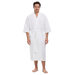 MONARCH Square Waffle Spa Kimono Robe - Soft Light Hotel Bathrobe Cypress (One Size/Large, White) (US, Alpha, One Size, White)