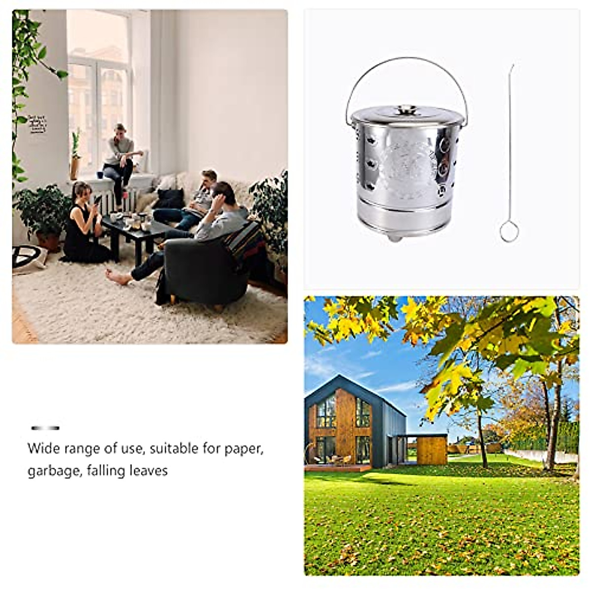 Housoutil 1PC Stainless Steel Paper Burn Barrel with Hook, Burn Barrel Incinerator Cage Can with Lid, Joss Paper Money Incinerator Can for Garden Paper Leaf Trash Backyard Bonfire 10.81x9.04in.