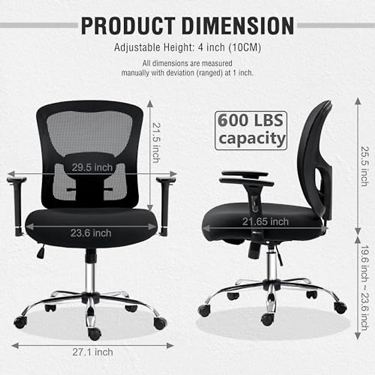 Big and Tall Office Chair 600lbs, Ergonomic Computer Desk Chair for Heavy People with 4D Adjustable Armrest and Lumbar Support, Heavy Duty Metal Base Mesh Chair with Wide Seat for Home Office