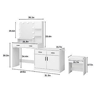 Vabches Vanity Desk with Mirror and Lights,Makeup Vanity with Power Outlet&Stool,3 Color Lighting Modes,White Vanity Table Set with 4 Drawers,Lots Storage and Shelves