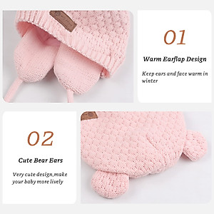 Winter Baby Girl Knitted Hat Autumn Earflap Beanie Warm Pompom Infant Toddler Boys Hats (Bear(Pink+White), M)