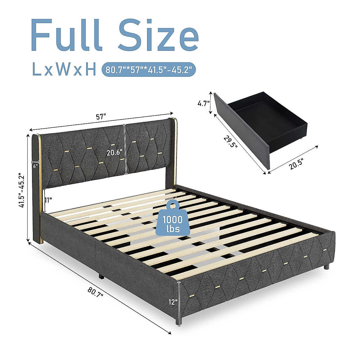 HOMFAMILIA LED Full Bed Frame with 4 Storage Drawers, Upholstered Full Platform Bed with Adjustable LED Lights Headboard, Storage, Noise Free, No Box Spring Needed, Easy Assembly, Dark Grey