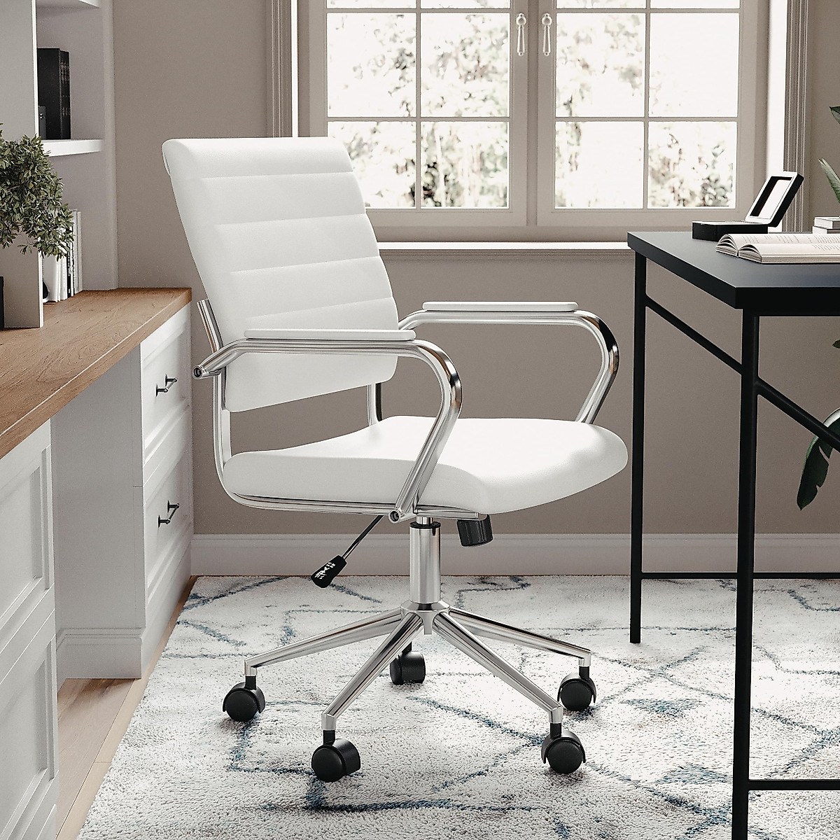 Martha Stewart Piper Swivel Task Chair with Armrests for Home Office in White Faux Leather with Polished Nickel Frame