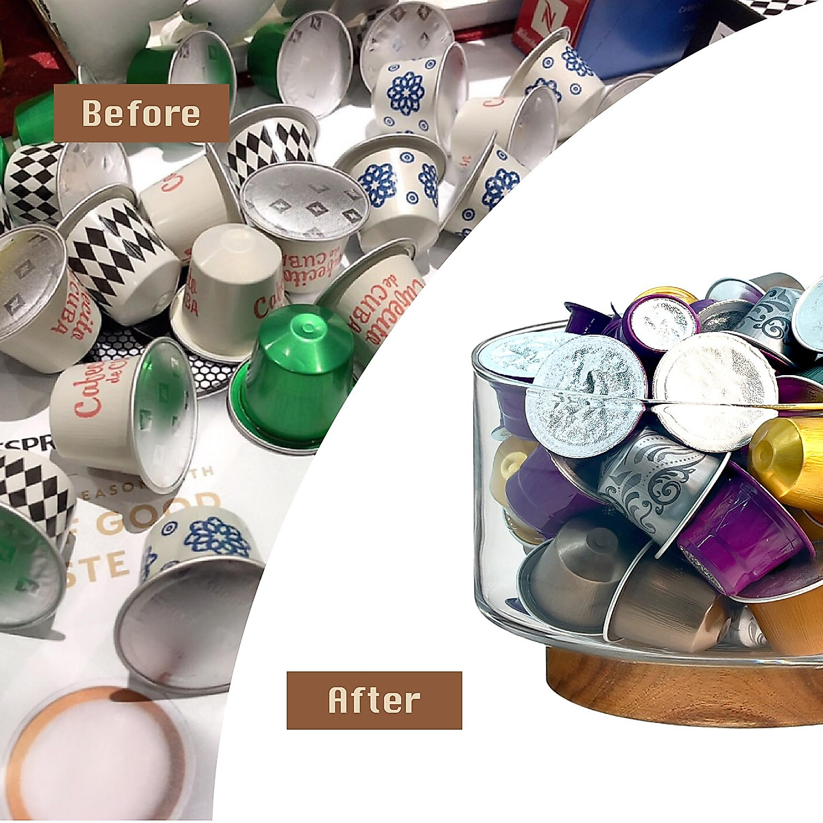 CAMATET Coffee Pod Holder, Glass Salad Bowl with Acacia Wood Base, Large Capacity K Cup Organizer for Kcup Creamer Storage, Espresso Capsule Holder Coffee Bar Accessories（ 7 Inch，1 Pack ）