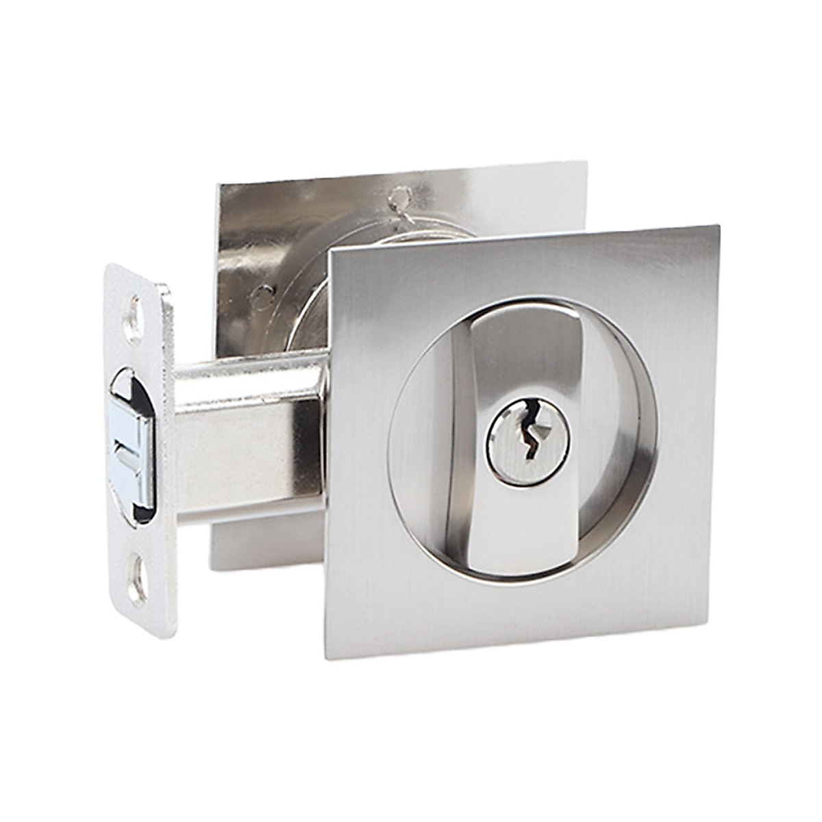 LWZH Brushed Silver Privacy Pocket Door Lock with Keys,Square Sliding Barn Door Lock Latch,Invisible Recessed Door Lock for 1 3/8” to 2 3/16” Thickness Door