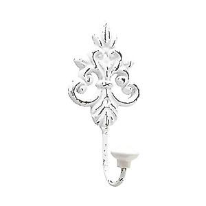 WHW Whole House Worlds Chateaux Fleur De Lis Wall Hooks, Set of 4, Shabby Distressed Finish, French Country Style,Rustic White, Cast Iron, Vintage Inspired, Porcelain Caps, Each 6 3/4