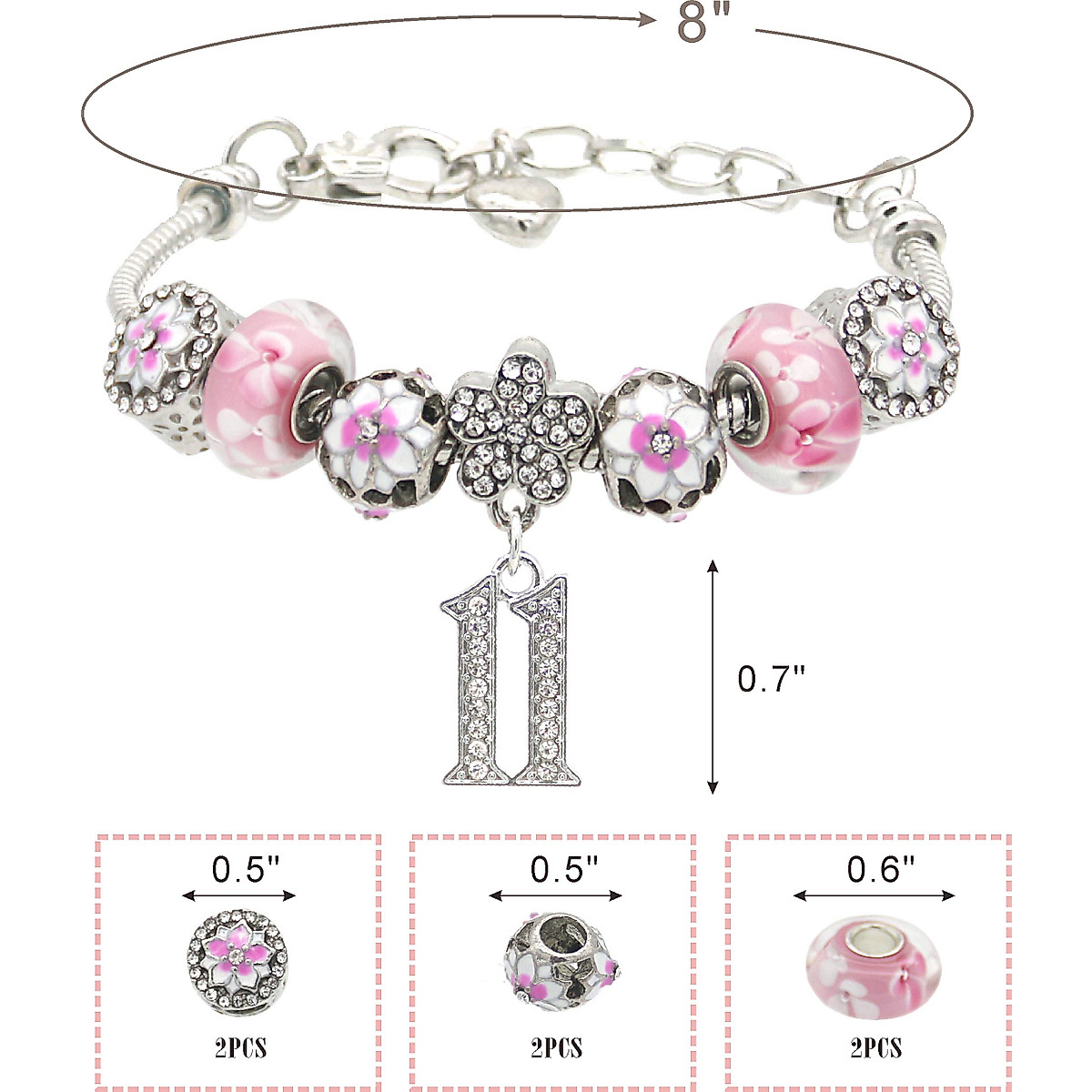 VeryMerryMakering 11th Birthday Gifts for Girls, Jewelry for Girls 11 Years Old, Girls 11th Birthday Bracelet, 11 Necklace Girls, 11th Birthday Jewelry, 11th Birthday Cherry Blossom Dandelion Jewelry