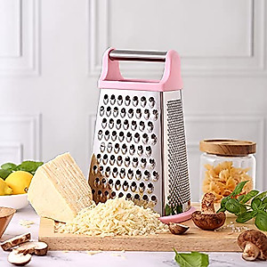 Spring Chef Professional Stainless Steel XL Parmesan Cheese Grater with Handle - 4 Sided Box Grater for Kitchen - Dishwasher Safe Carrot Shredder for Potato, Vegetables, Ginger - Pink Lemonade