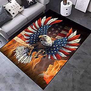 Retro American Flag with Eagle Home Decor Large Area Rugs, Indoor Floor Mats for Adult Kid's Bedroom, Vintage USA Star Stripe Flag Polyester Non-Slip Soft Carpets Doormats for Bathroom Living Room