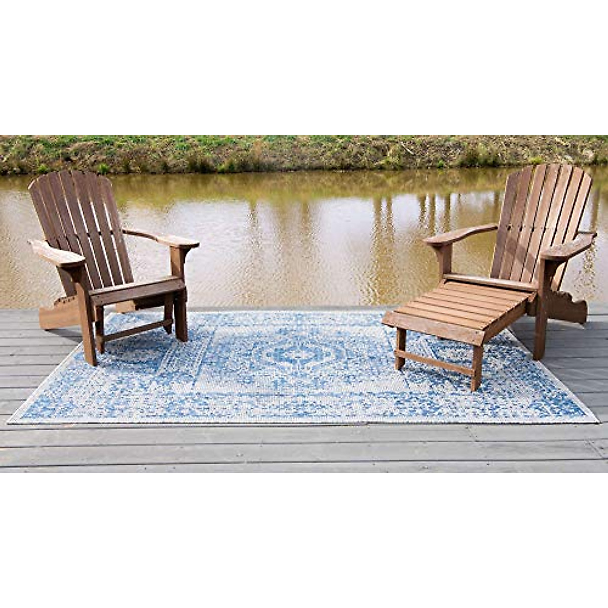 Unique Loom Outdoor Traditional Collection Area Rug - Timeworn (9' x 12' Rectangle, Blue/ Gray)