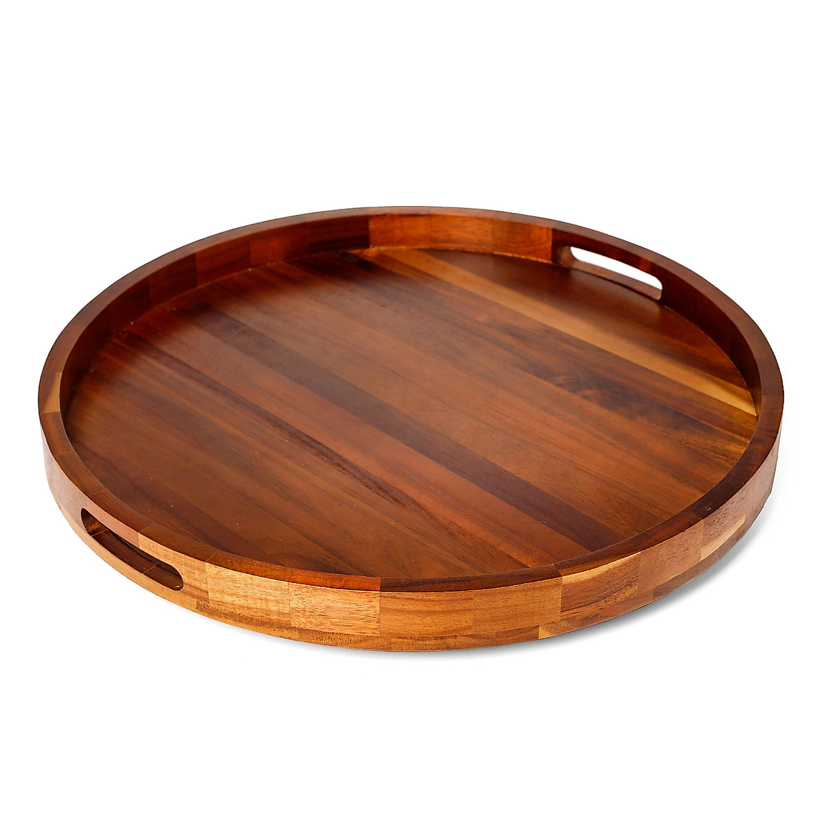 Galleon Gourmet 18 Inch Acacia Wooden Lazy Susan Turntable Tray: Smooth Rotating, Sturdy Handles, and Elegant Lipped Edge