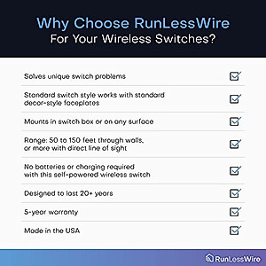 RunLessWire Fan & Light Wireless Switch & Receiver Kit with Infinite Battery No WiFi or Batteries Needed 150+ft RF Range DIY Pre-Programmed Remote Control - 2 Receivers, 1 Double Switch - White