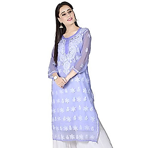 Chandrakala Hand Embroidered Chikankari Kurti for Women Faux Georgettte Semi Transparent Indian Ethnic Tunic Dress,X-Large (K161PUR4) Purple