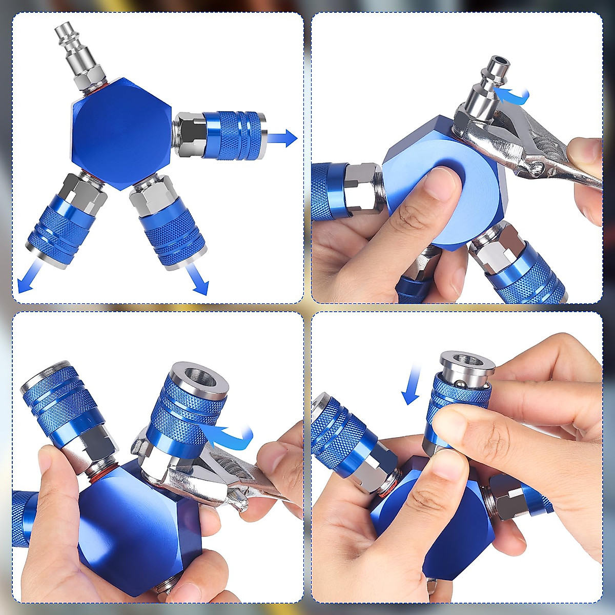 Milosline Connect Fittings Air Splitter, 1/4 Inch NPT 3-Way Air Manifold With 3 Pieces Industrial Quick 1/4NPT Couplers And Plug, Hex Style Air Compressor Hose Accessories Quick Connect Fittings