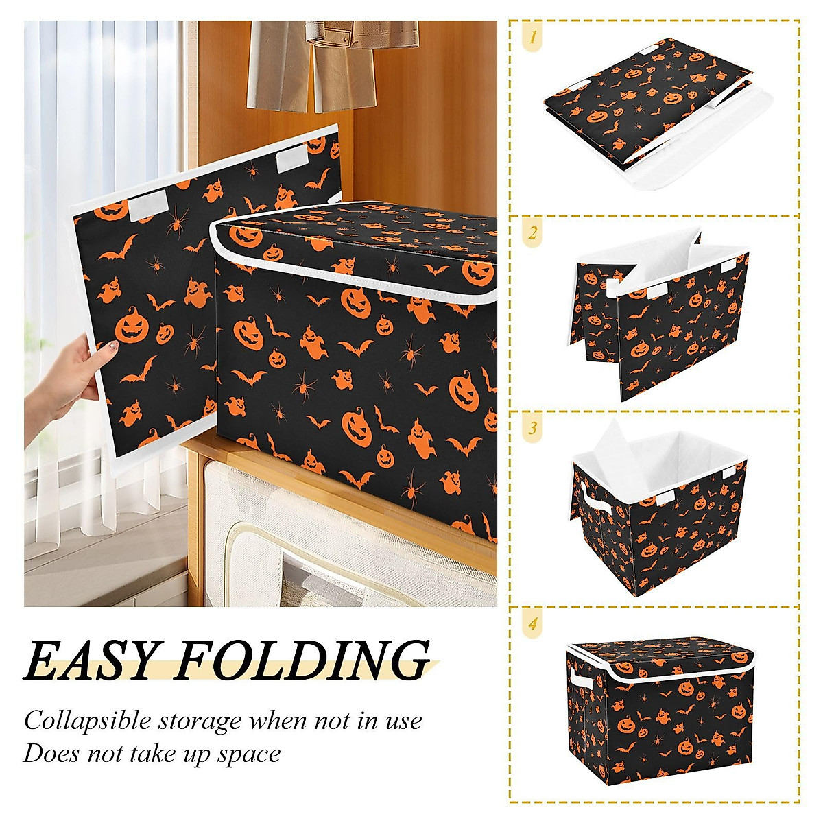 Ruhho Halloweens-pattern-orange-black Fabric Decorative Storage Box Cube with Lids and Handle, Collapsible Storage Boxes for Home Bedroom Closet Office.