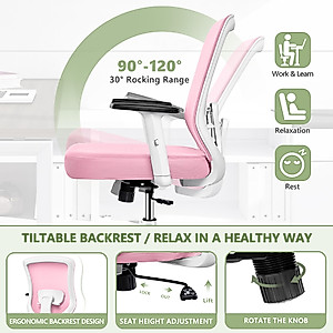 Winrise Office Chair Ergonomic Desk Chairs with Lumbar Support and Flip-up Arms, Comfortable Breathable Mesh Computer Executive Chair with Swivel Task, Adjustable Height 4'', Home, Bedroom -Pink