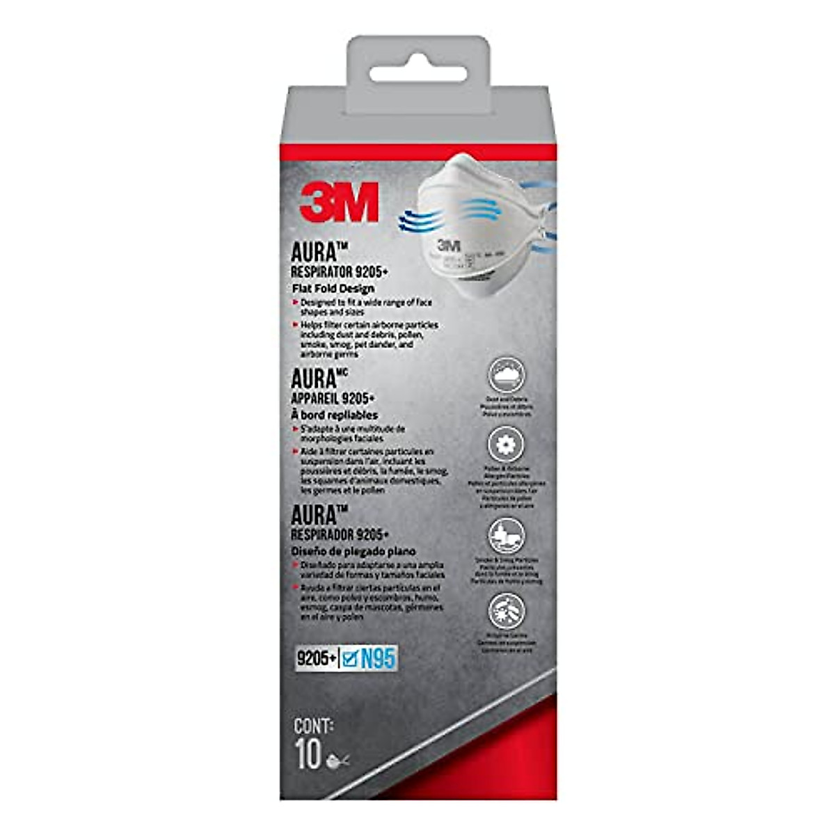 3M Aura Particulate Respirator 9205+ N95, Lightweight, Three Panel Designed Respirator Helps Provide Comfortable And Convenient Respiratory Protection, 10-Pack