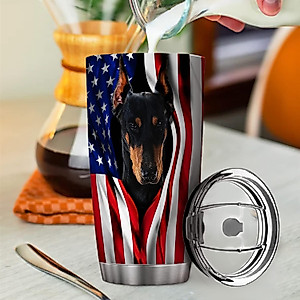 WmhrYpzhL Doberman Dog Travel Mug American Flag Coffee Mug Stainless Steel Insulated Tumbler For Ice Drinks＆Hot Beverage Gifts Doberman Dog