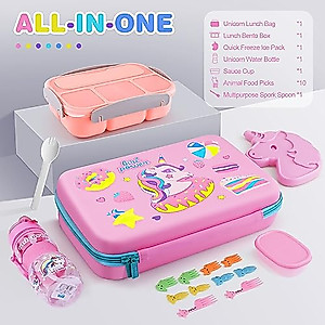 QearFun Insulated Unicorn Lunch Bag Bento Box for Girls,Lunch Box Set with 4 Compartment Bento Box Water Bottle Ice Pack Salad Container Food Picks,Perfect Kids Lunch Boxes for School Age 7-15