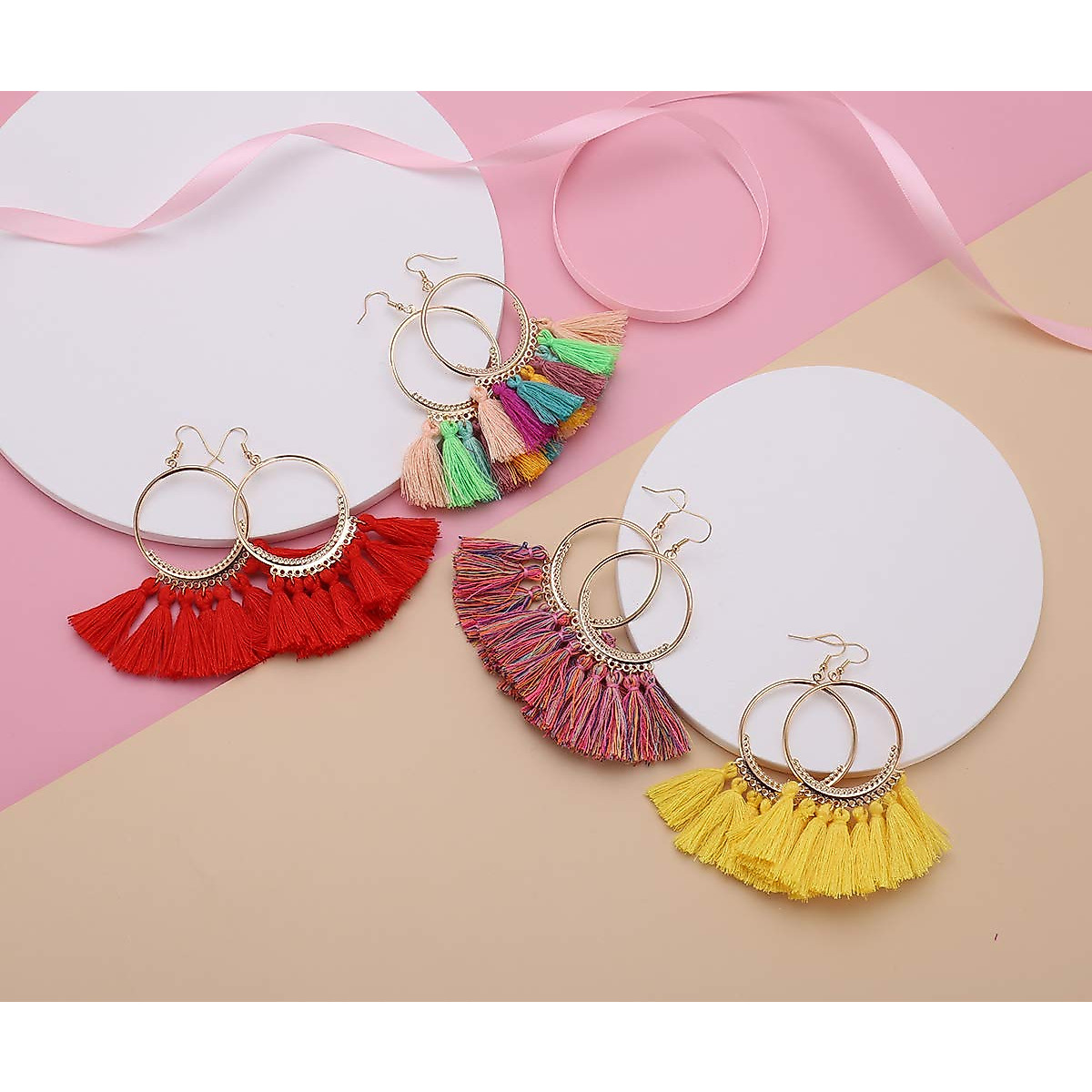 LANTAI 12 Pairs Bohemian Tassel Earrings for Women Trendy Colorful Fringe Summer Beach Statement Earrings