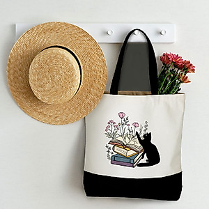 Cunno 2 Pcs Book Lovers Gifts Set Cat Tote Bags with Makeup Bag Aesthetic Floral Bags for Teacher Appreciation Gift Set(Cat)