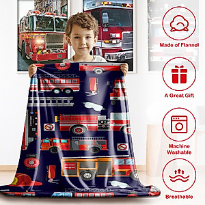 Fire Truck Blanket for Boys, Fire Truck Throw Blanket for Kids, Blue Firefighter for Teens, Soft Lightweight Flannel Truck Car Blankets for Teen Men Birthday Gifts Sofa Couch Bed Decor 40x30In
