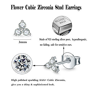 Sterling Silver Stud Earrings for Women Men, 1 Pair Flower Cubic Zirconia Stud Earrings Set | Small Cartilage CZ Hypoallergenic Tragus Piercing Earrings for Teens 3mm