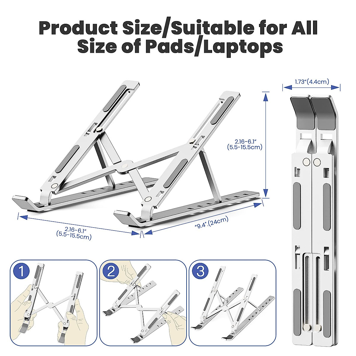 AVAKOT Portable Laptop Stand Computer Stand for Laptop Ergonomic Aluminum Laptop Stand | Adjustable Laptop Riser Notebook Holder Stand Compatible with MacBook,iPad,Dell,Lenovo 9-15.6" Laptops | Silver