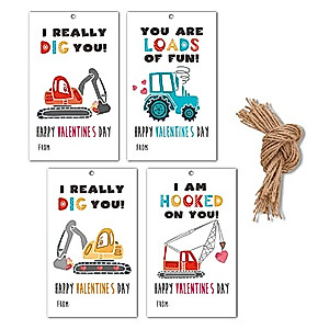 Valentine's Day Gift Tags, 40 Pcs Valentine Paper Tags with String, Construction Themed Valentine Favor Tag for Kids, School Valentine Treat Tag, Valentine's Day Party Supplies Decorations(A01)