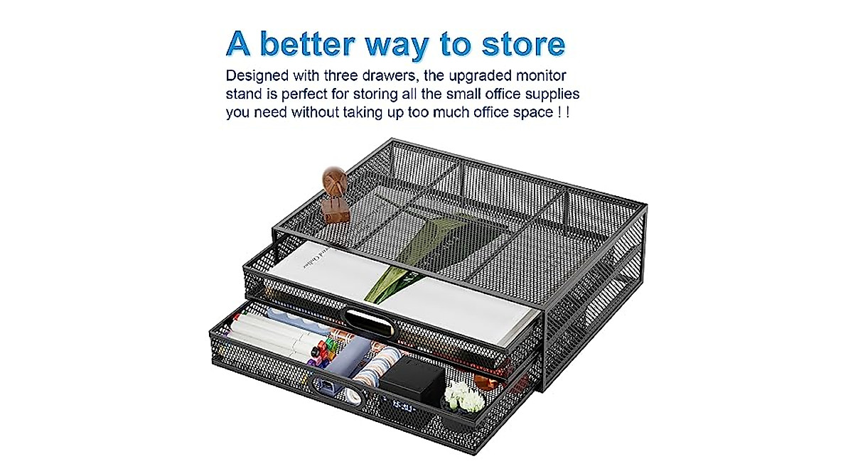 Monitor Stand Riser with Drawer - Metal Mesh Desk Organizer with Dual ...