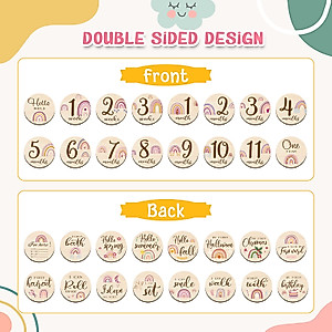 16 Pieces Wooden Baby Monthly Milestone Cards Baby Monthly Milestone Marker Discs Double Sided Monthly Milestone Wooden Circles Baby Months Signs for Baby Shower Newborn Photo Props(Rainbow)