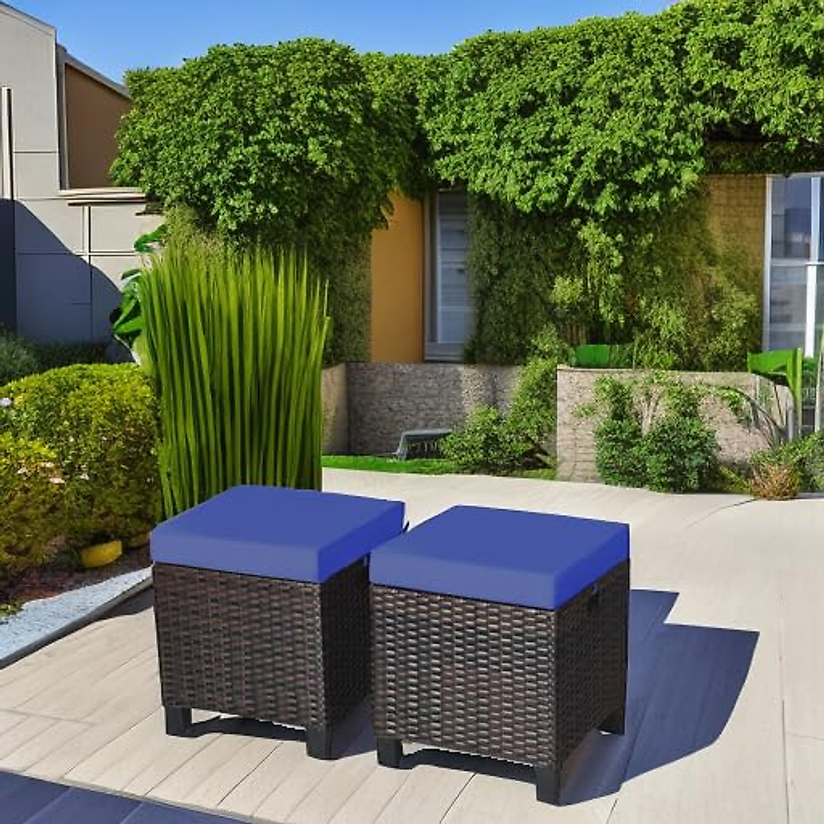 Giantex 2-Piece Rattan Patio Ottoman, All Weather Wicker Ottoman w/Removable Cushion & Steel Frame, Outdoor Footstool Footrest Furniture (Navy Blue)