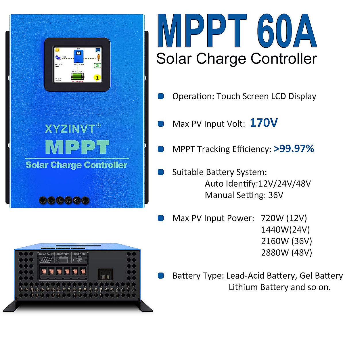 XYZ INVT MPPT Solar Charge Controller 60A Max 170V Input Volt PV Solar Panel Controller Touch Screen LCD Display 12V/24V/48V Auto Identify 36V Manual Setting (MPPT-60A)