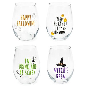 Transpac Witch's Brew Happy Hallowine 18 ounce Glass Stemless Wine Glasses Set of 4, Multicolor